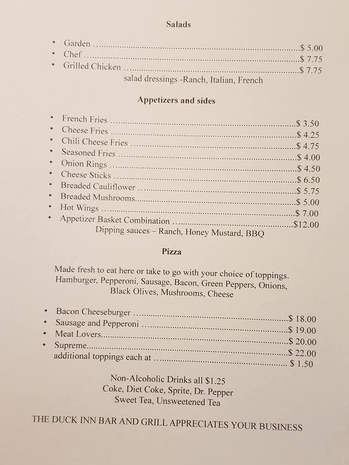 Menu at The Duck Inn Bar and Grill, Wolf Lake, State Route 3 North