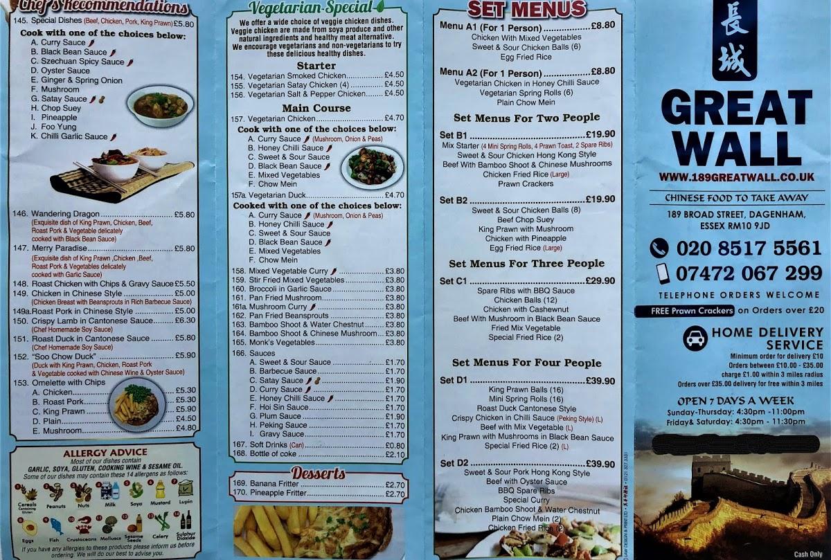 Menu at Great Wall restaurant, Dagenham