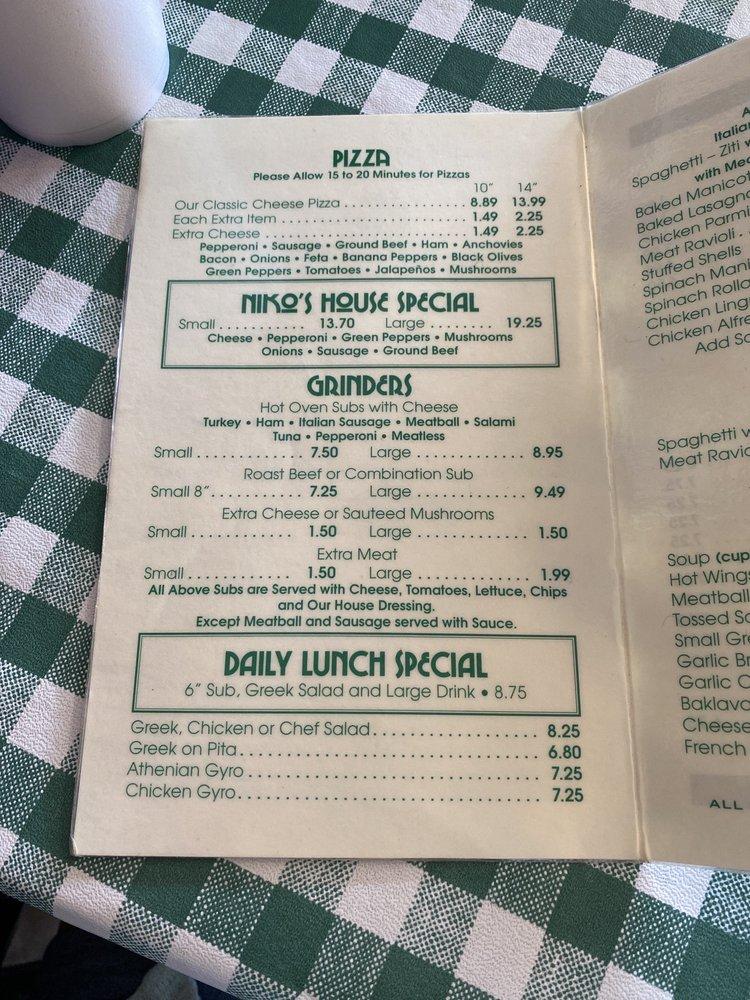 Menu at Niko's Pizza pizzeria, Palatka, 804 FL-19