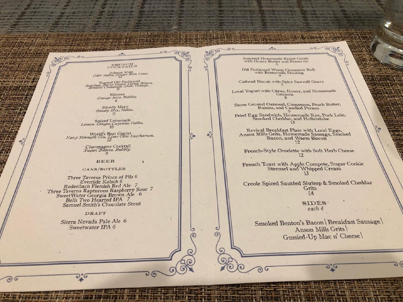 Menu at Revival restaurant, Decatur