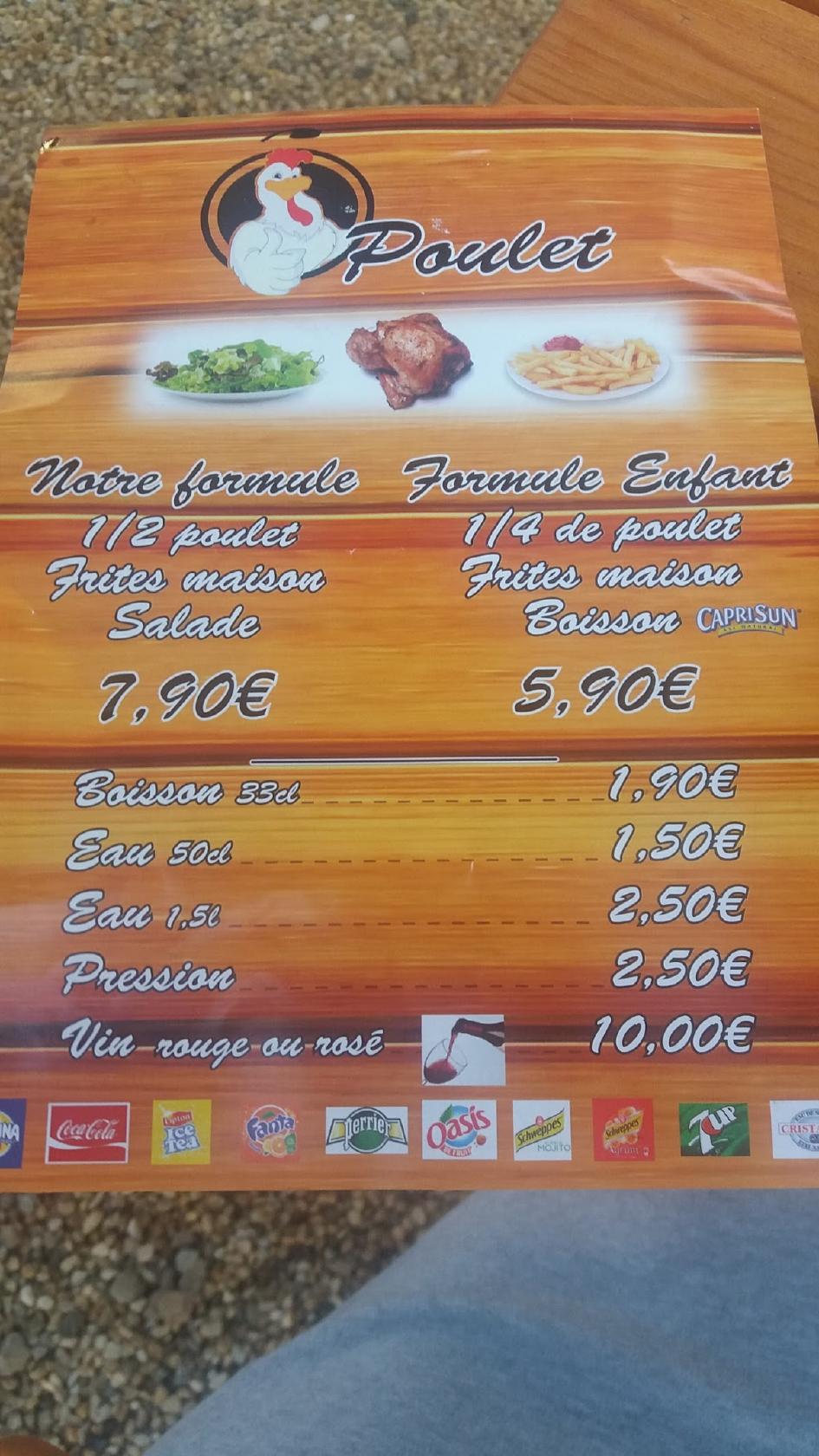 Menu at Rôtisserie Poulet restaurant, Marseillan