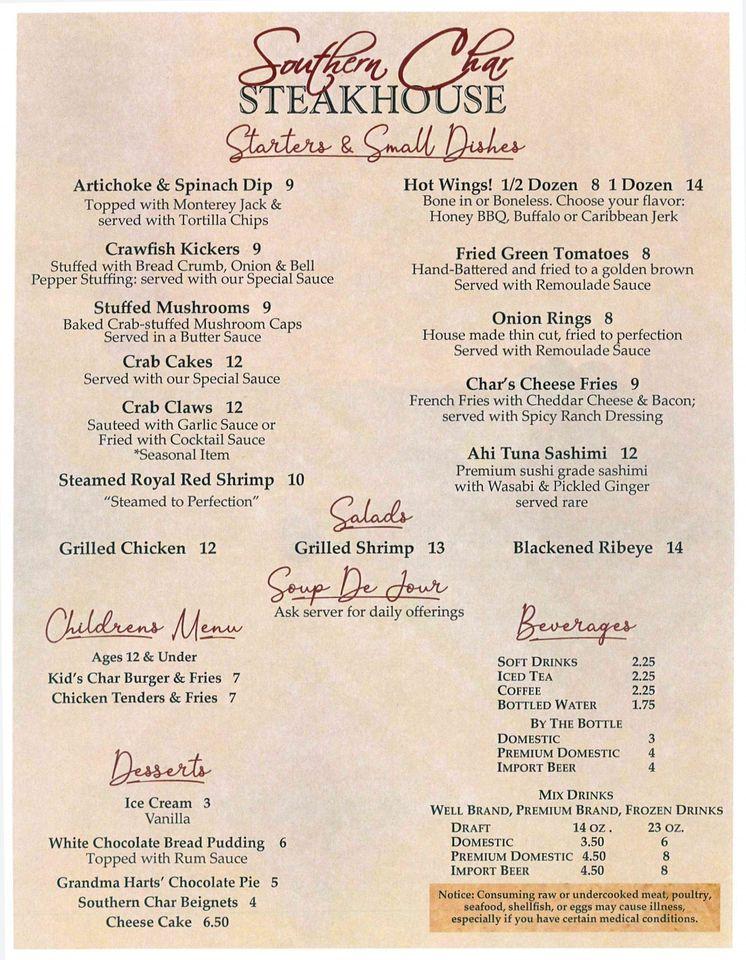 Menu at Southern Char Steakhouse, Picayune