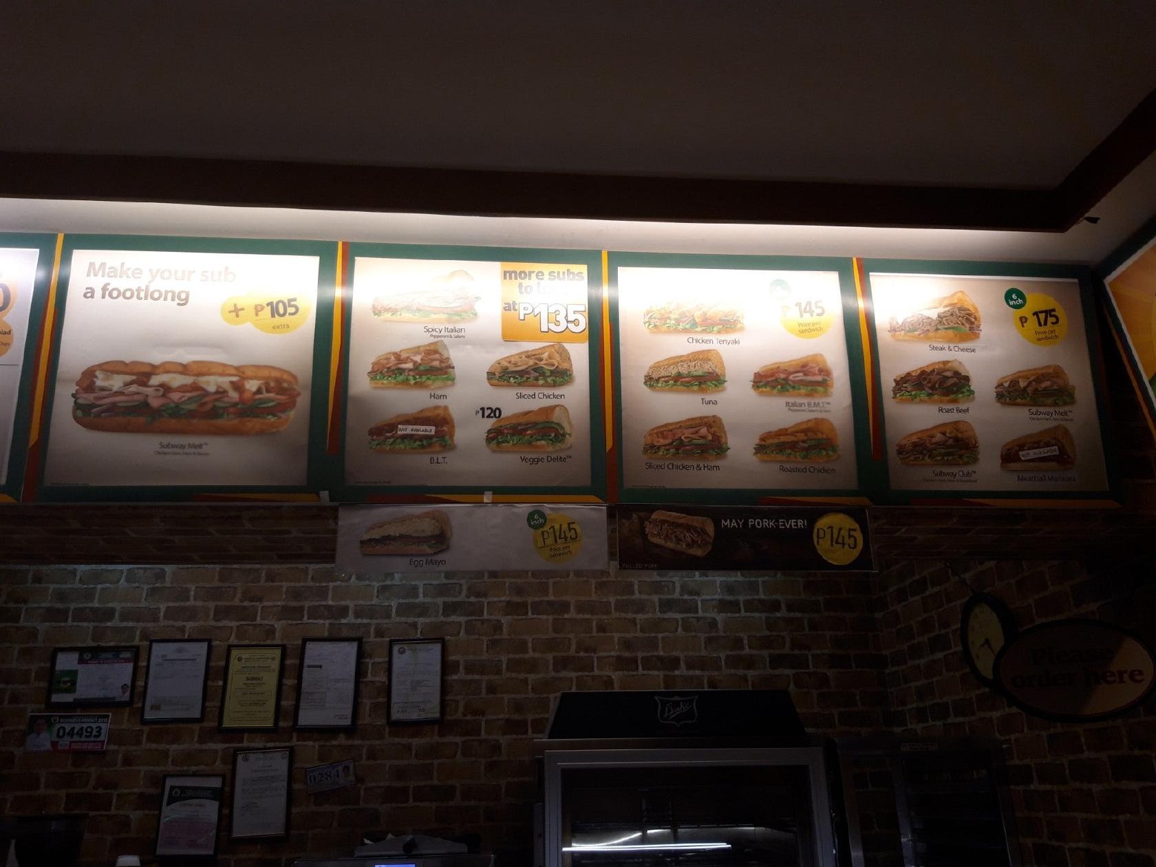 Menu at Subway restaurant, Pasay, NAIA Terminal 3