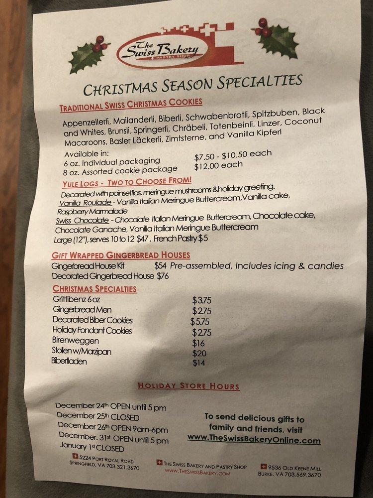 Menu at The Swiss Bakery and Pastry Shop, Springfield