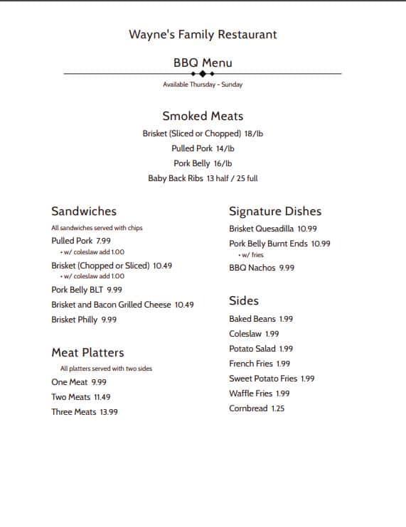 Menu at River City Diner & Smokehouse restaurant, Oconto
