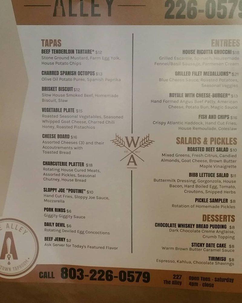 Menu at Alley Downtown Taproom pub & bar, Aiken