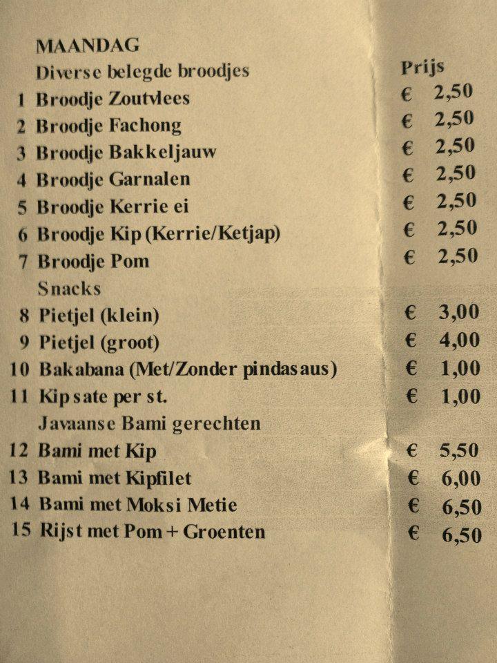 Menu at Awaka Surinaams / Javaans eten "Surikeuken", Groningen