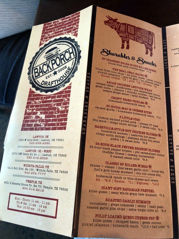 Menu at BackPorch DraftHouse West pub & bar, Lawton, NW Cache Rd