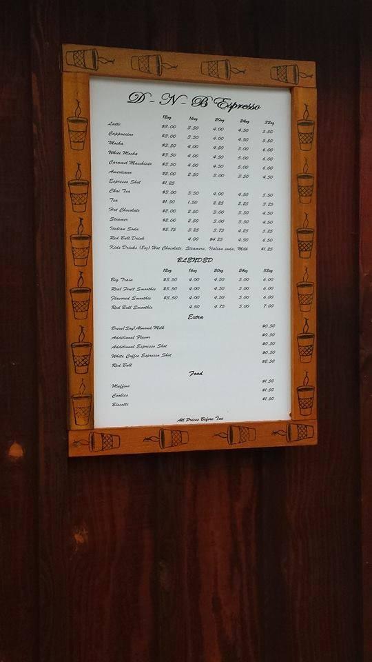 Menu at DNB Espresso cafe, Randle