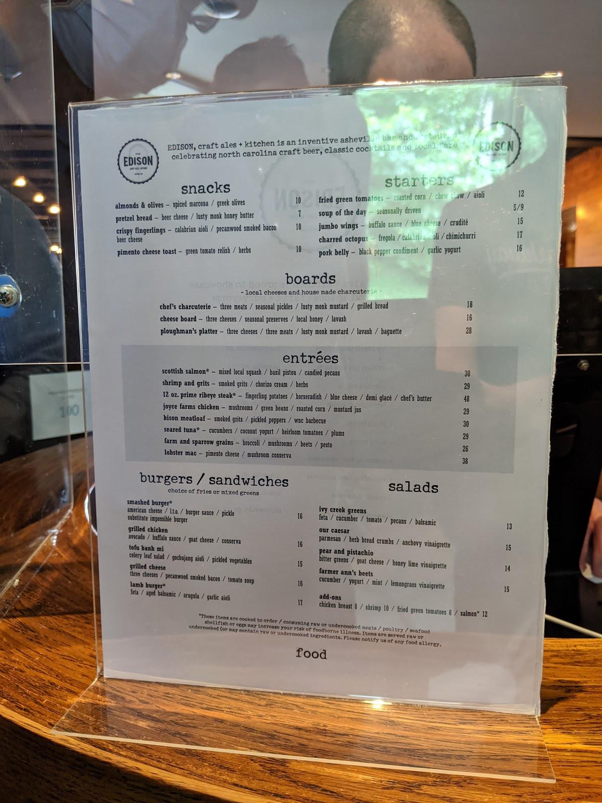 Menu at Edison, Craft Ales + Kitchen pub & bar, Asheville