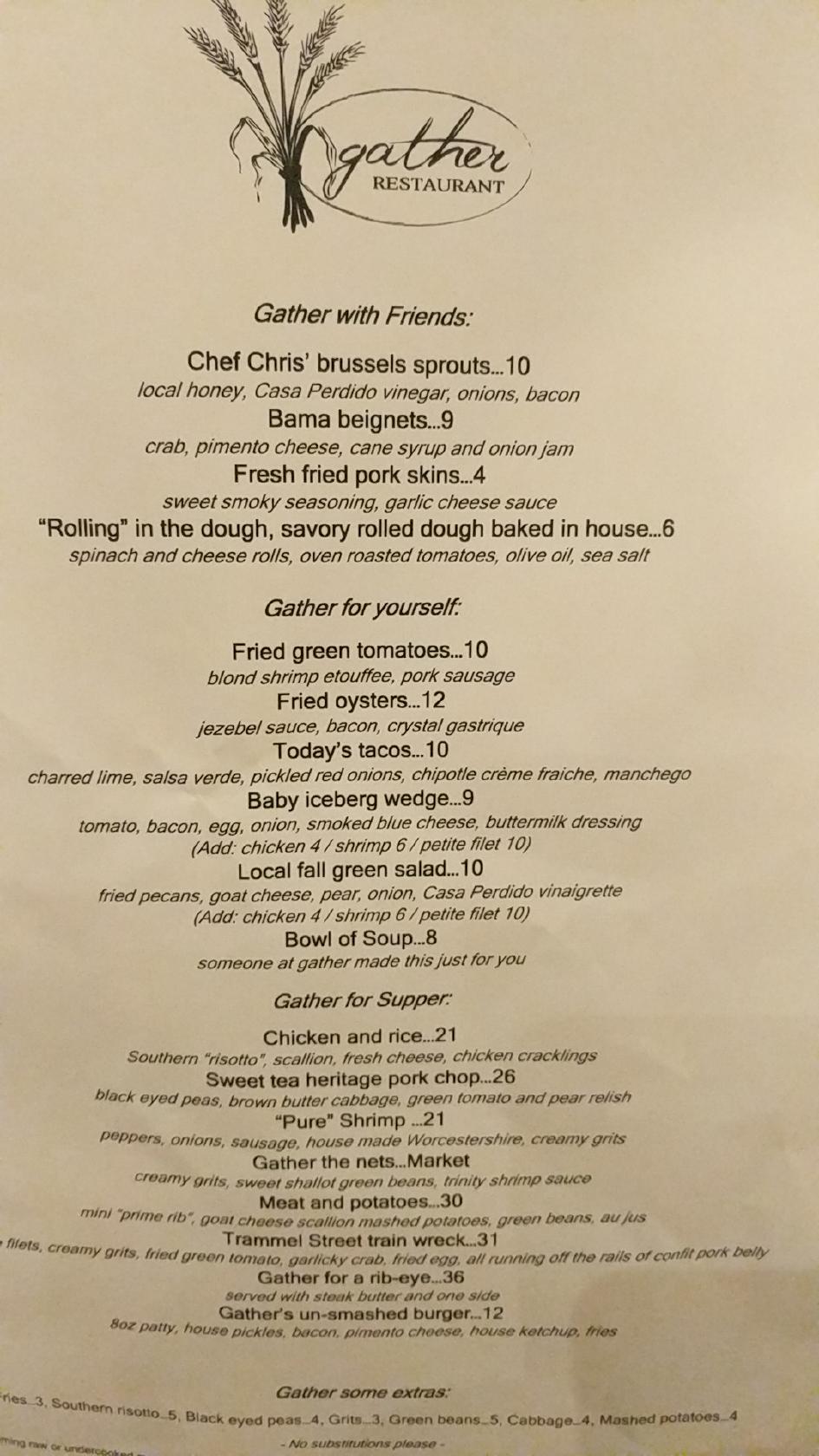 Menu at Gather Restaurant, Atmore