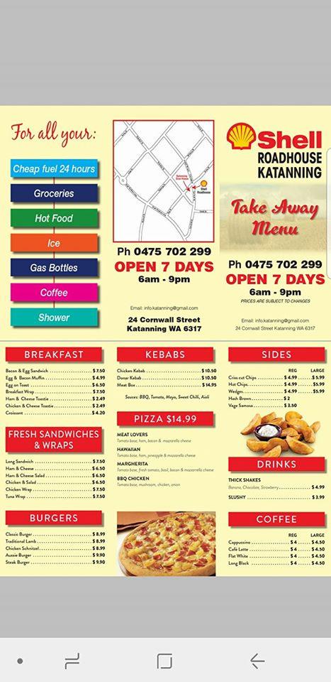 Menu at Shell Roadhouse Katanning restaurant, Katanning