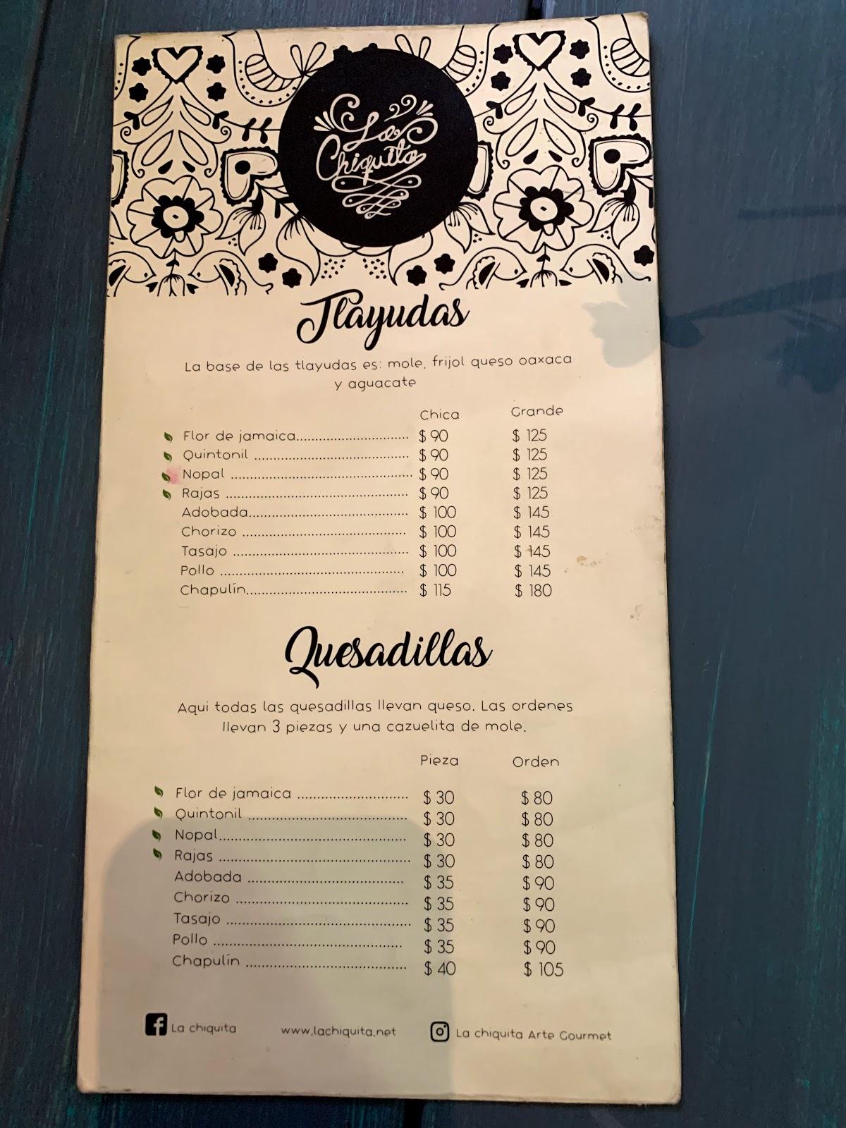 Carta de Restaurante La chiquita Valle de bravo, Valle de Bravo