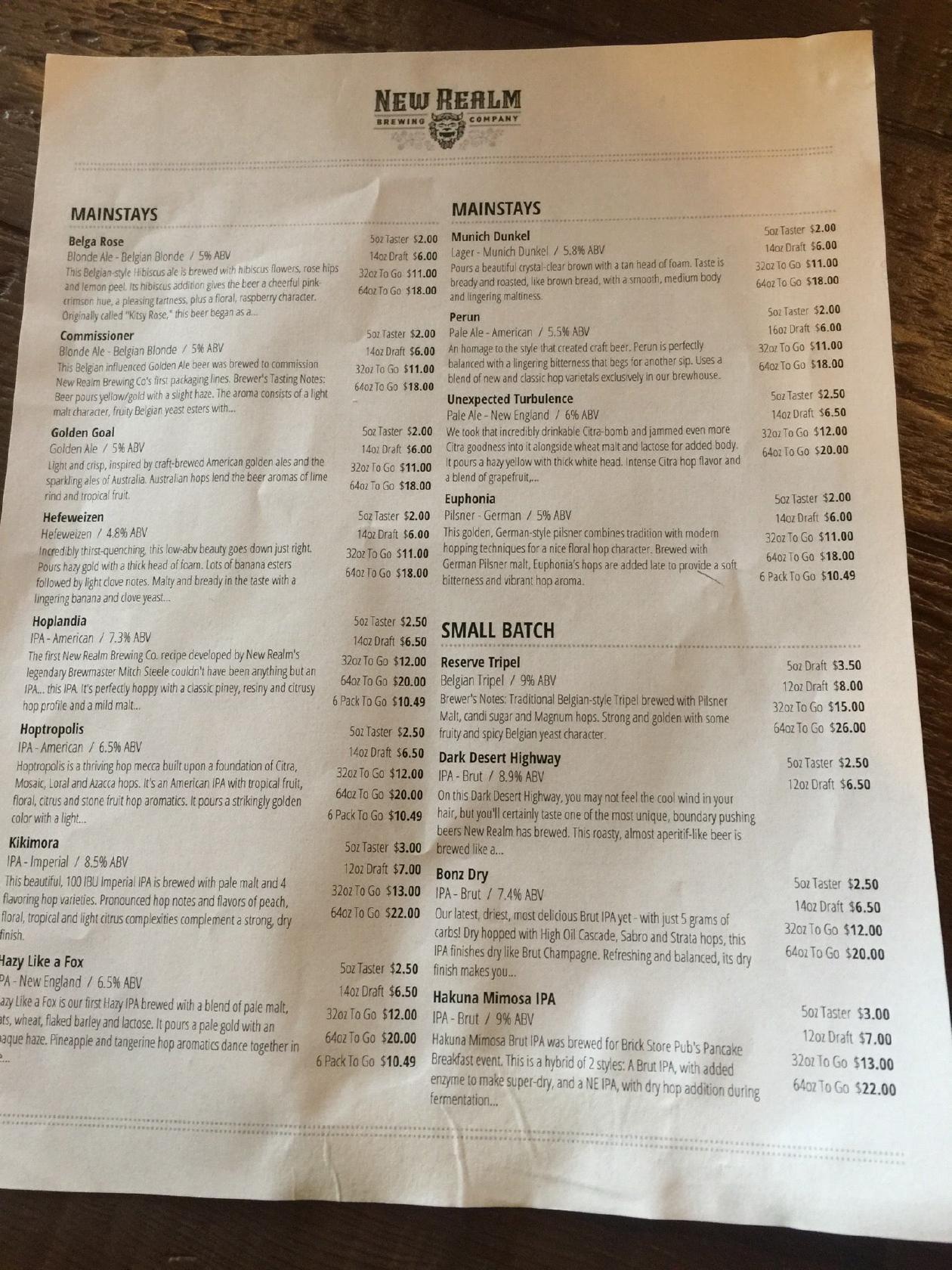 Menu at New Realm Brewing Co. restaurant, Virginia Beach