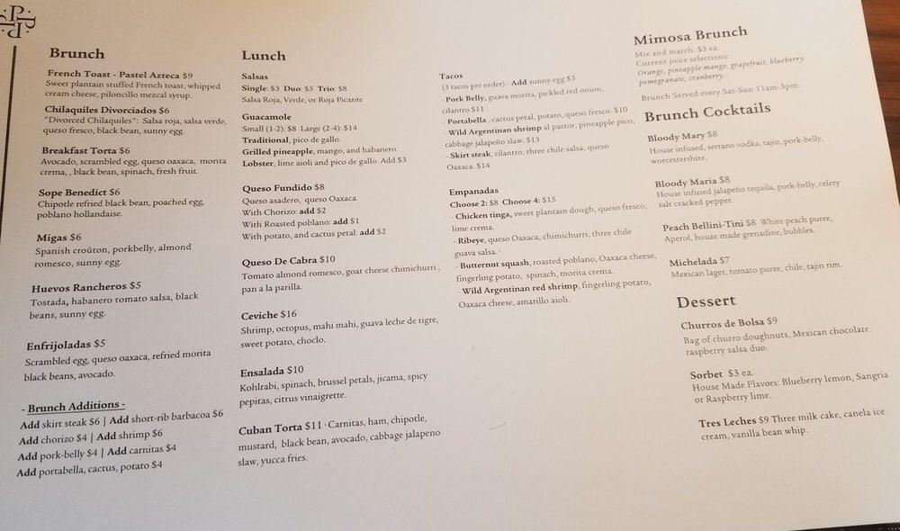 Menu at Provecho Latin Provisions pub & bar, Crown Point
