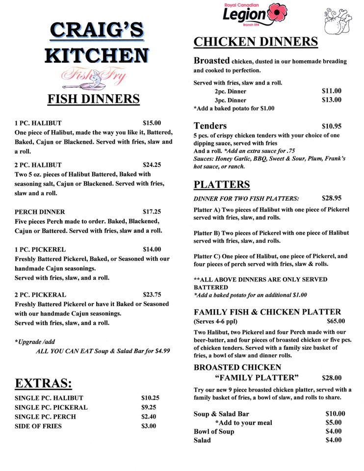 Menu at Royal Canadian Legion Branch 594, Windsor