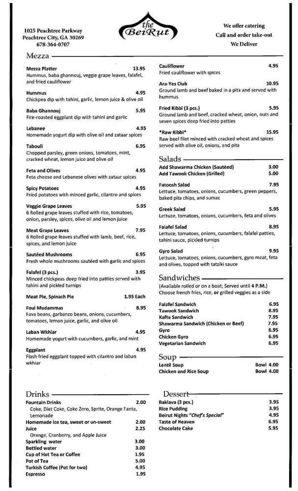 Menu at The BeiRut restaurant, Peachtree City, N Peachtree Pkwy