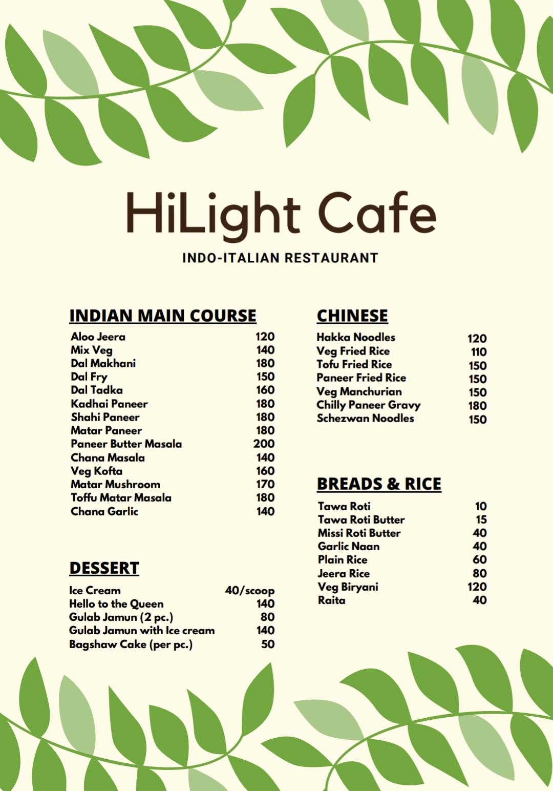 Menu at HiLight Cafe, Rishikesh