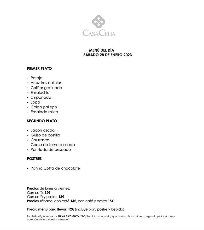 Carta del restaurante Casa Celia, Cambre