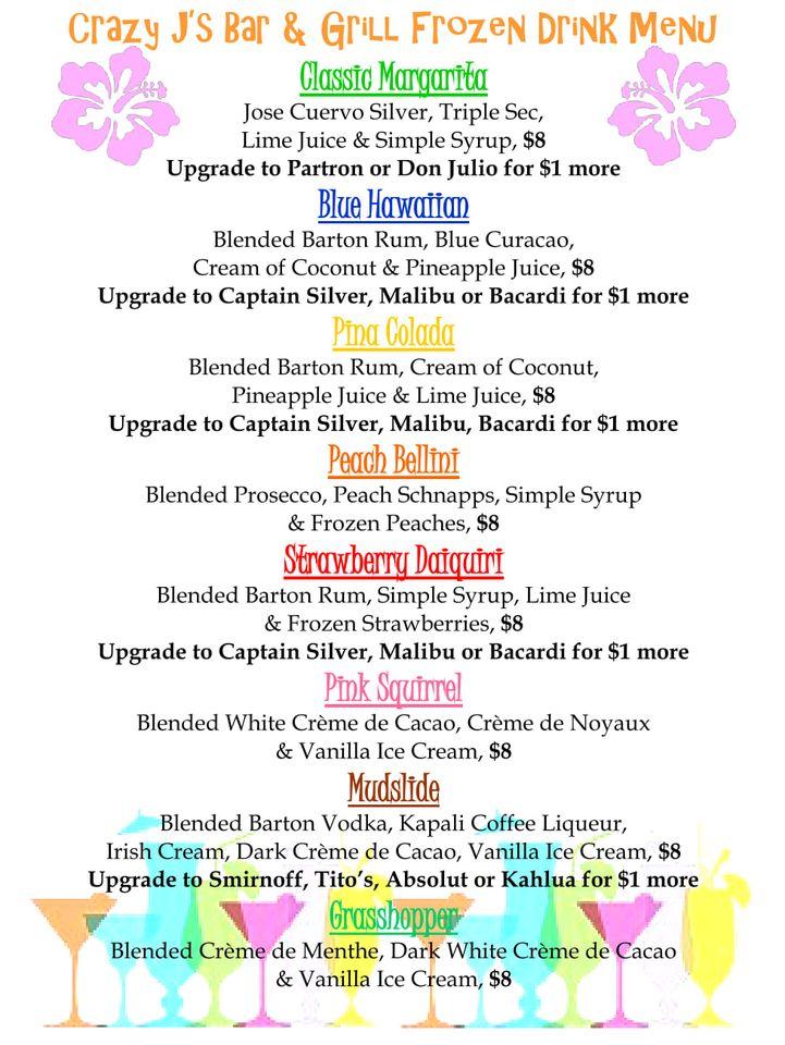 Carta de Crazy J's Bar & Grill, Sauk Centre