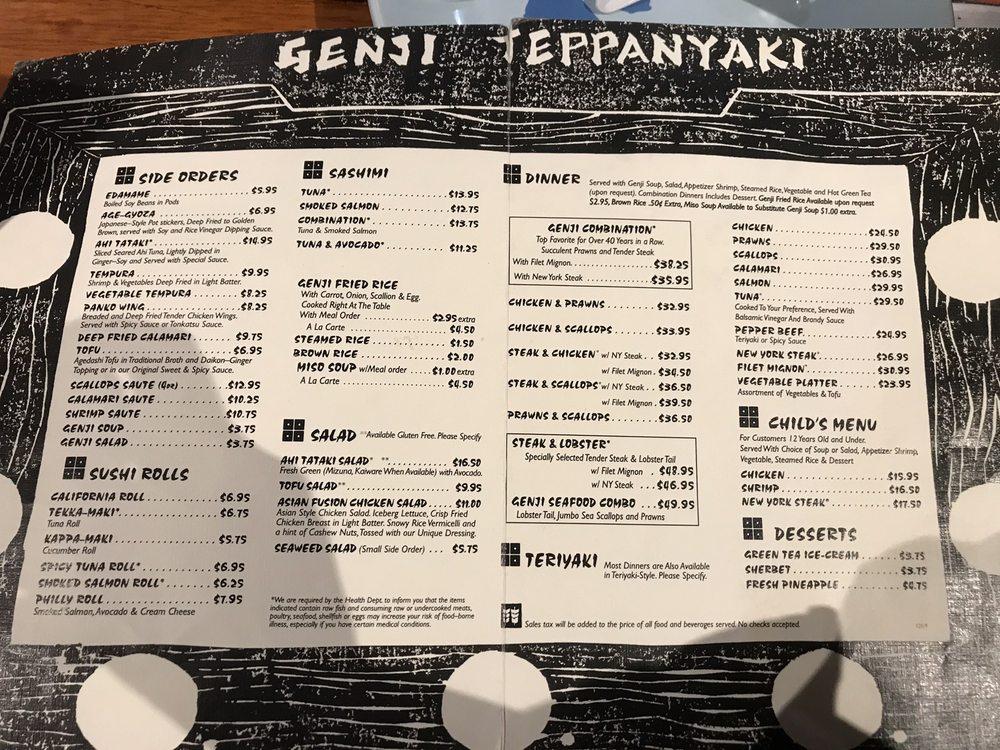Menu at House of Genji restaurant, San Jose