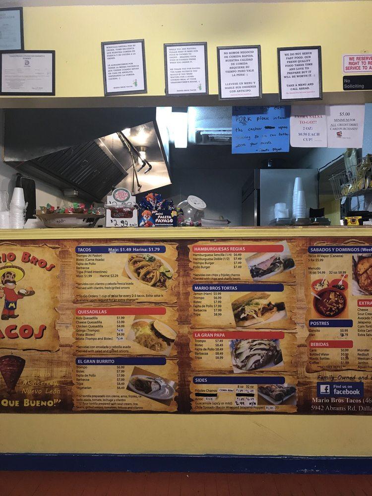 Menu at Mario Bros Tacos restaurant, Dallas, Abrams Rd Suite 206