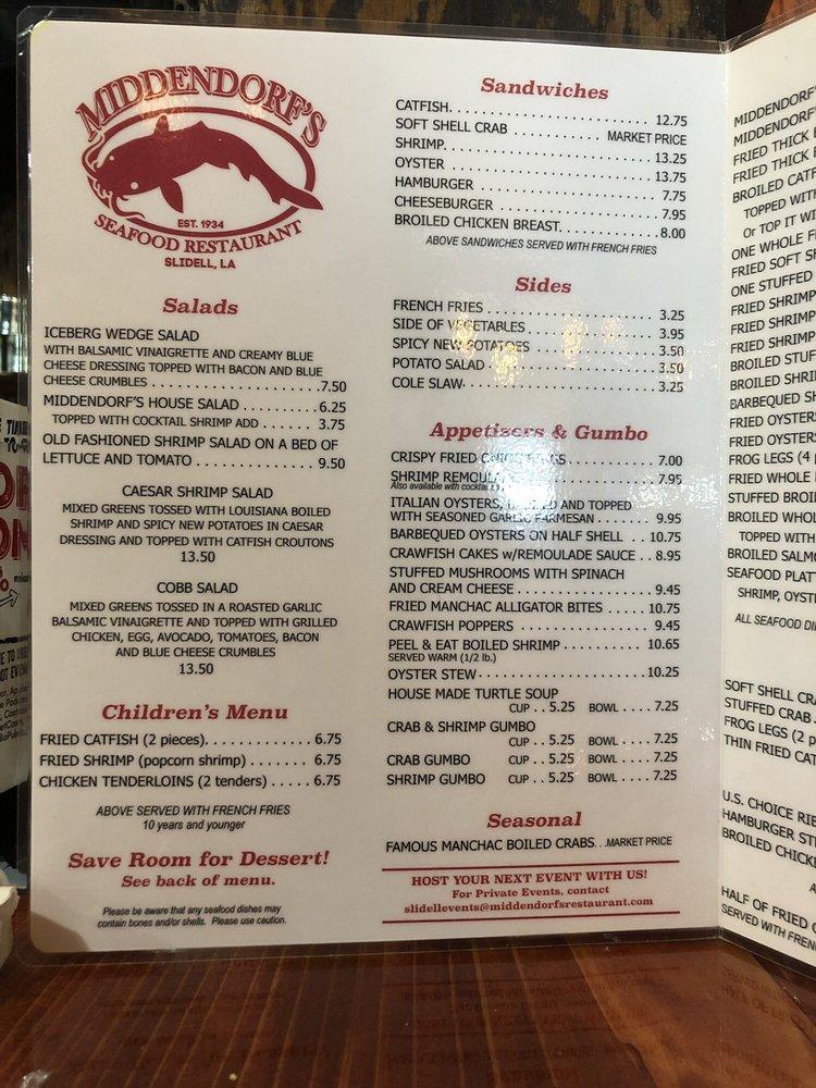 Menu at Middendorf's Slidell restaurant, Slidell