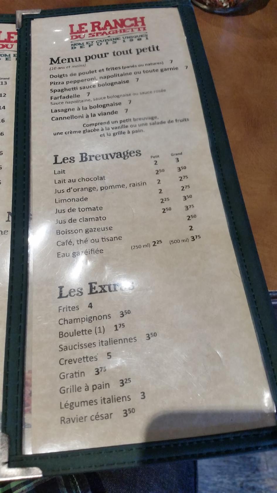 Menu au Ranch Spaghetti Sherbrooke (Le) restaurant, Sherbrooke