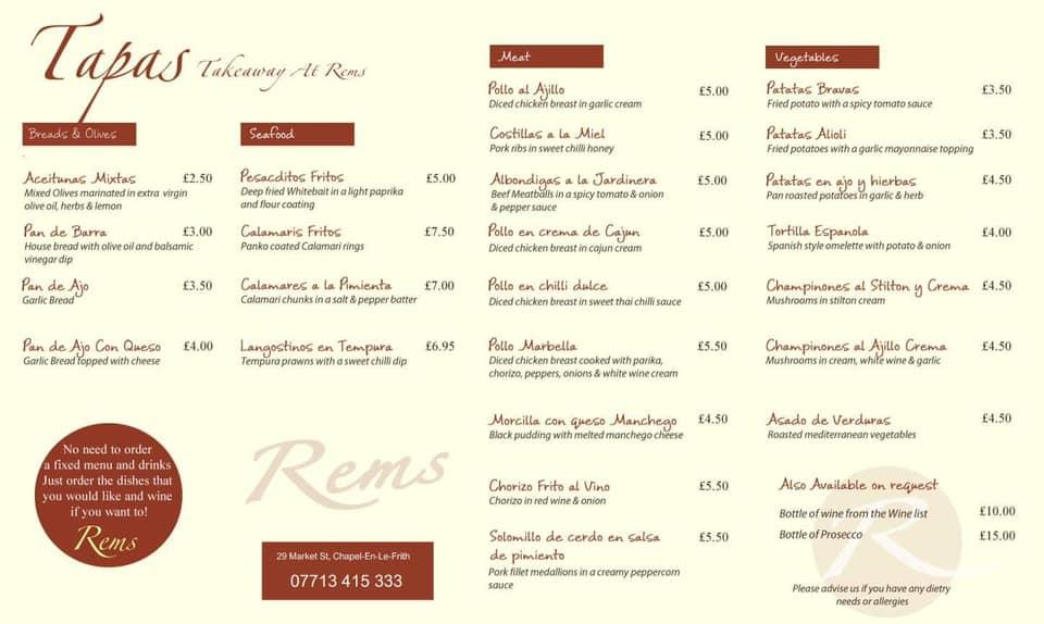 Menu at Rems Cafe Bar & Restaurant, Chapel-en-le-Frith