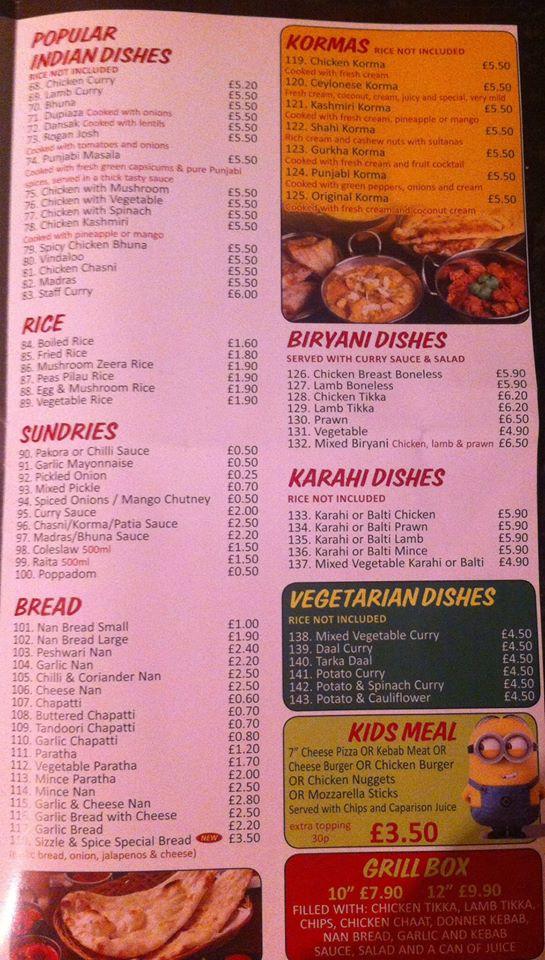 Menu at Sizzle & Spice restaurant, Glasgow, Maryhill Rd