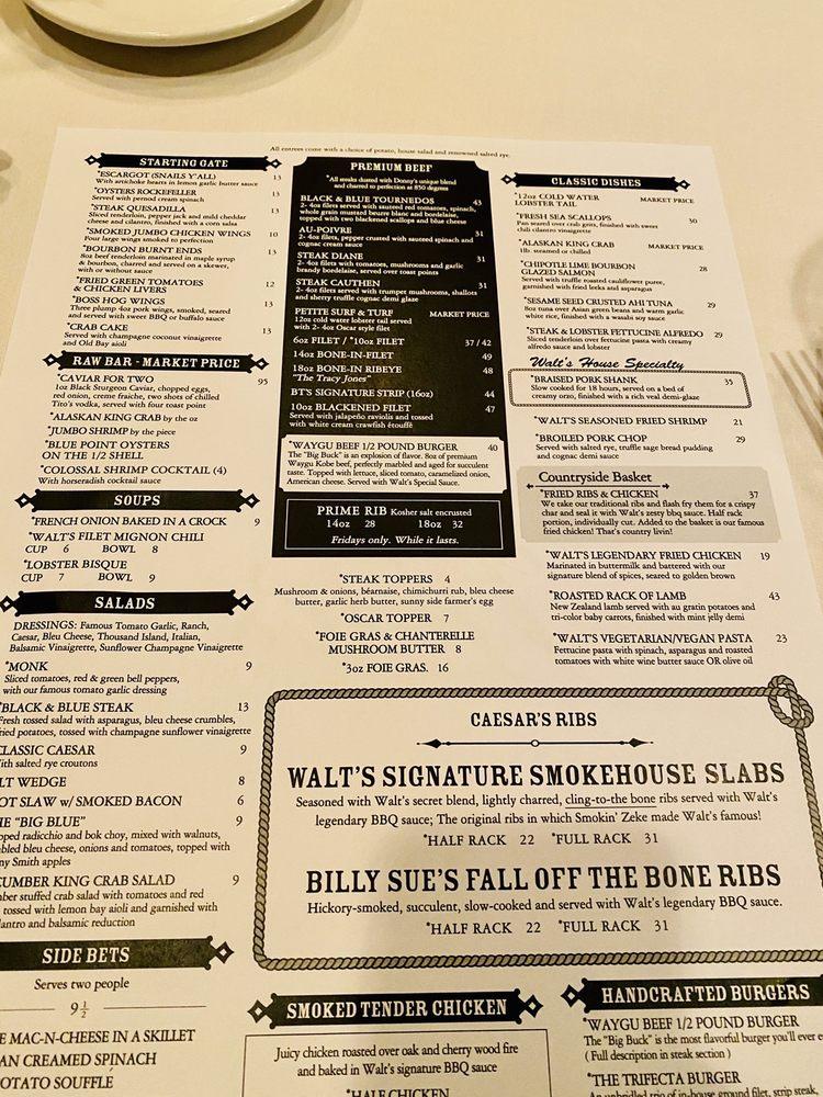 Menu at Walt's Hitching Post steakhouse, Fort Wright