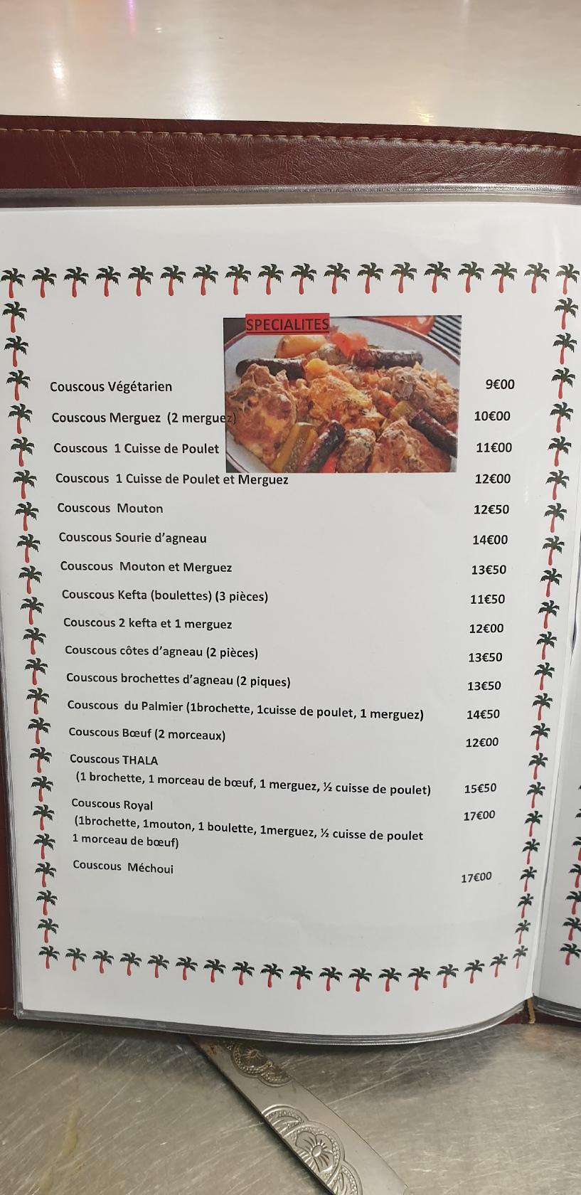 Menu at Le Palmier restaurant, Dieppe