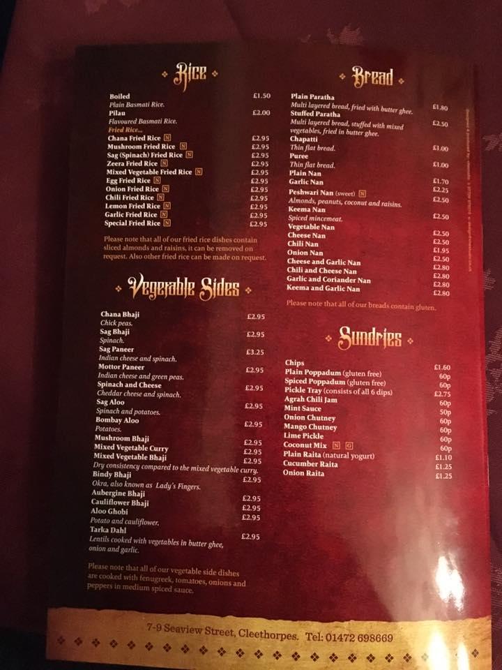 Menu at Agrah restaurant, Cleethorpes
