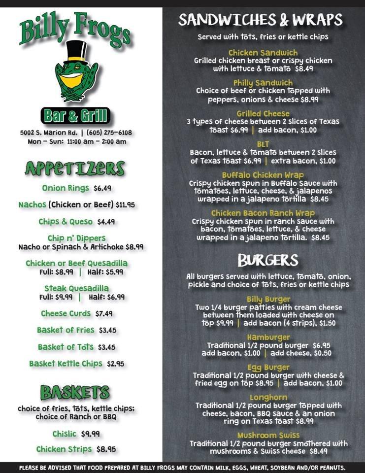 Menu at Billy Frogs pub & bar, Sioux Falls