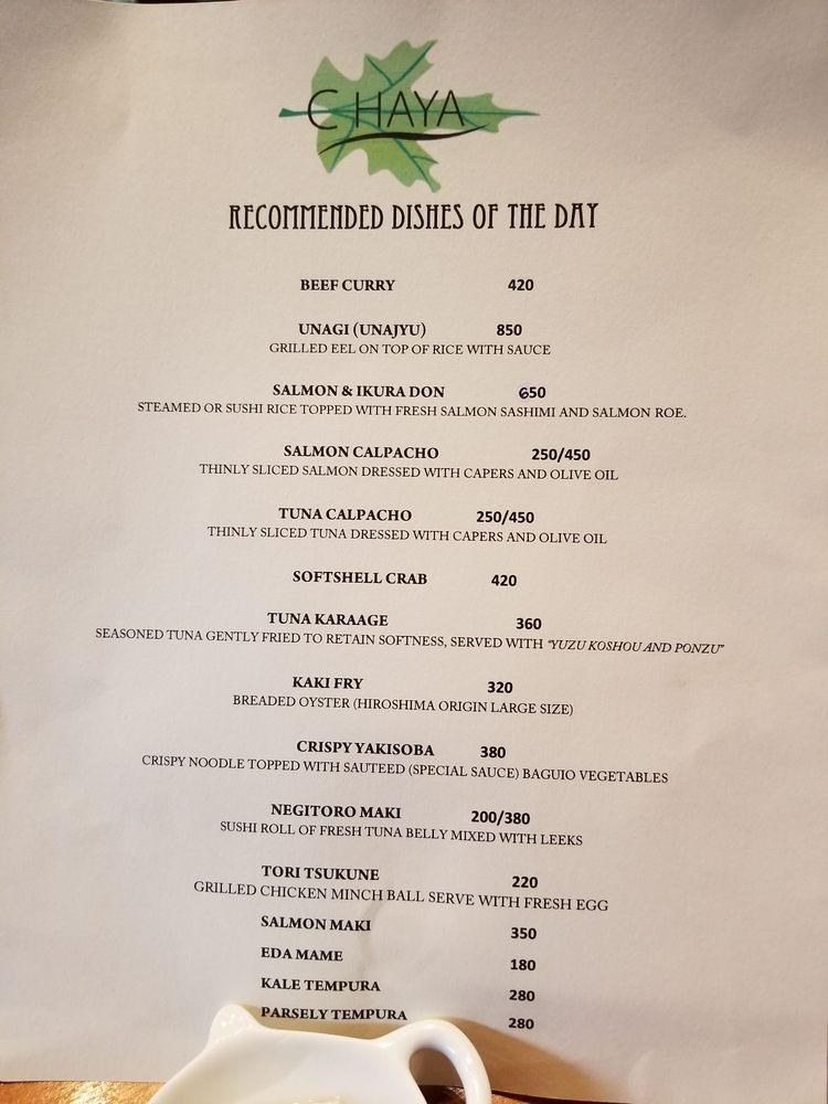 Carta del restaurante Chaya, Baguio