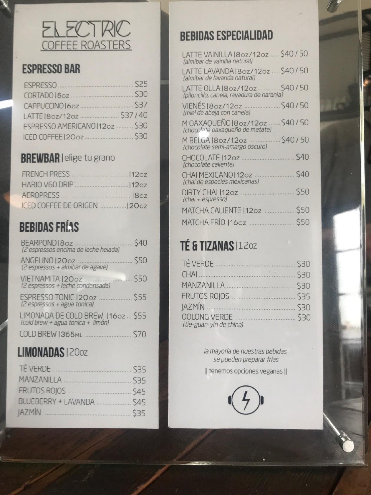 Carta del café ELECTRIC COFFEE ROASTERS, Tijuana, Av. Hipódromo 9- A