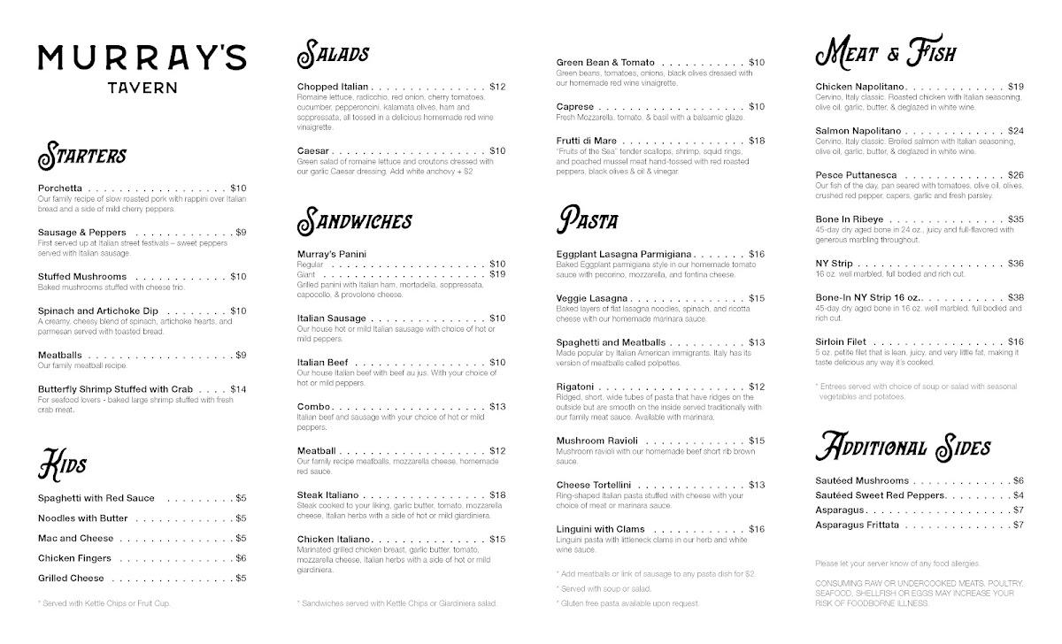 Menu at Murray's Tavern restaurant, Clifton