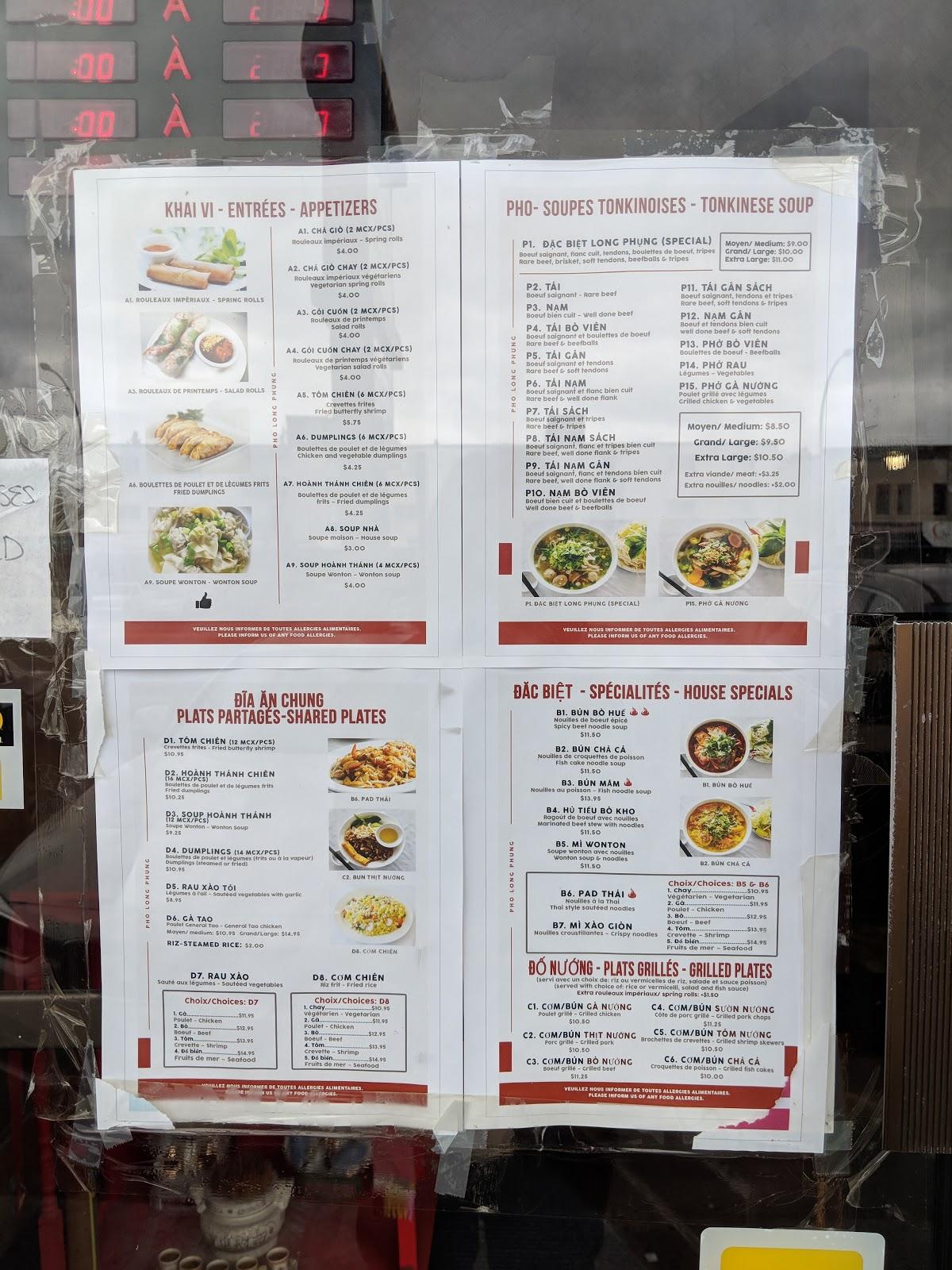 Carta del restaurante Phở Long Phụng, Montréal