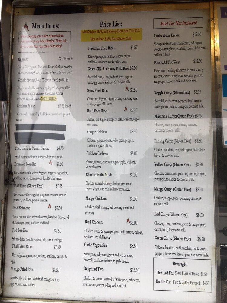 Menu at Taste of Thai restaurant, Brattleboro