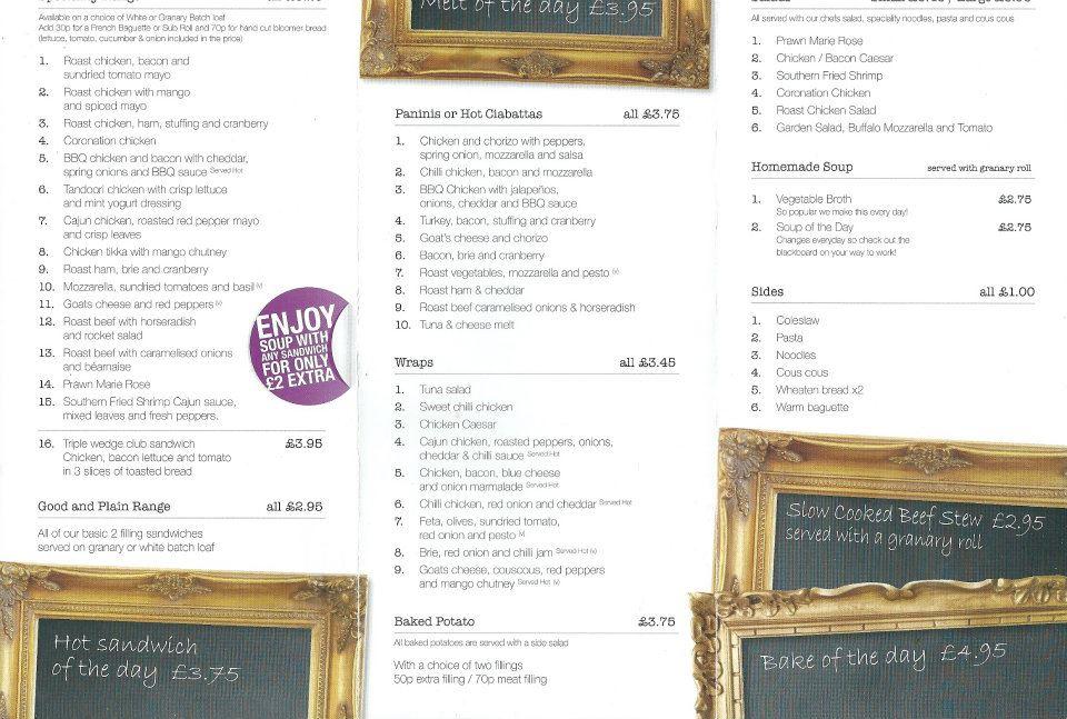 Menu at Urban Retreat cafe, Belfast
