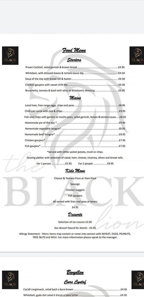 Menu at The Black Lion pub & bar, Llanfair Caereinion