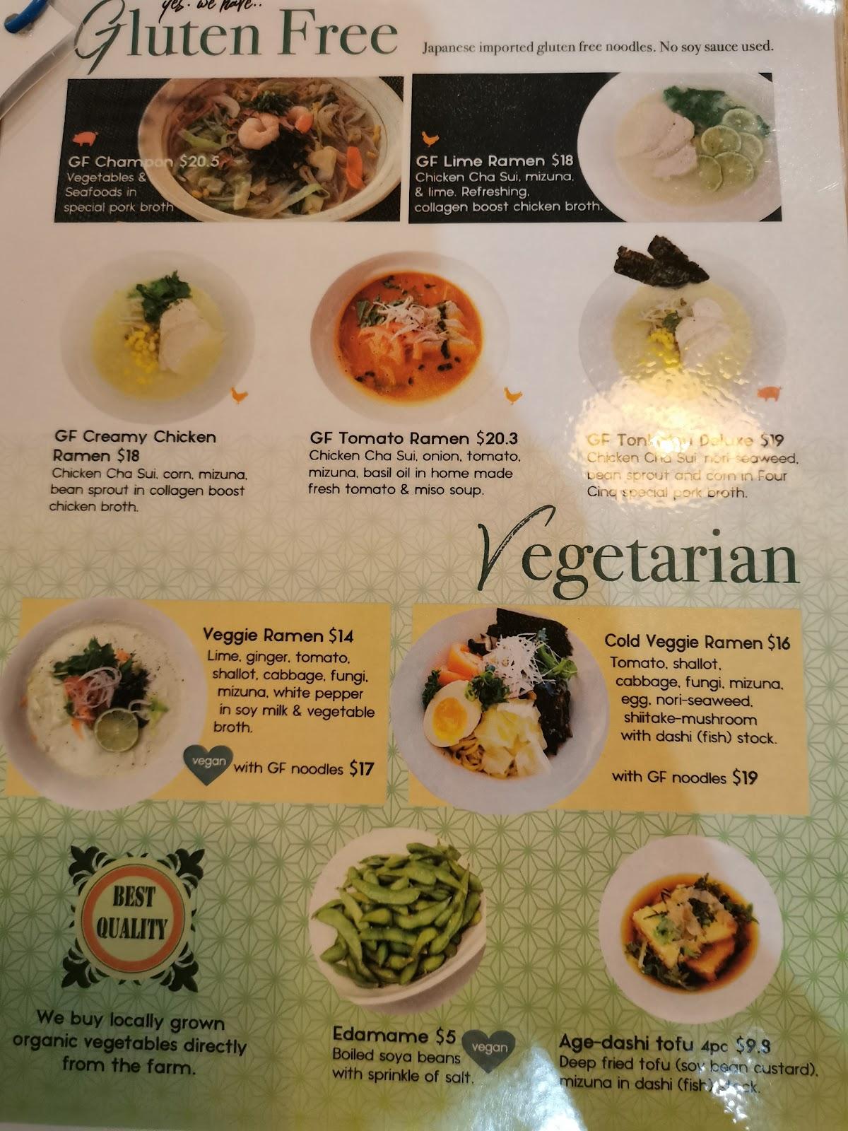 Menu at Four Cinq cafe, Cairns City