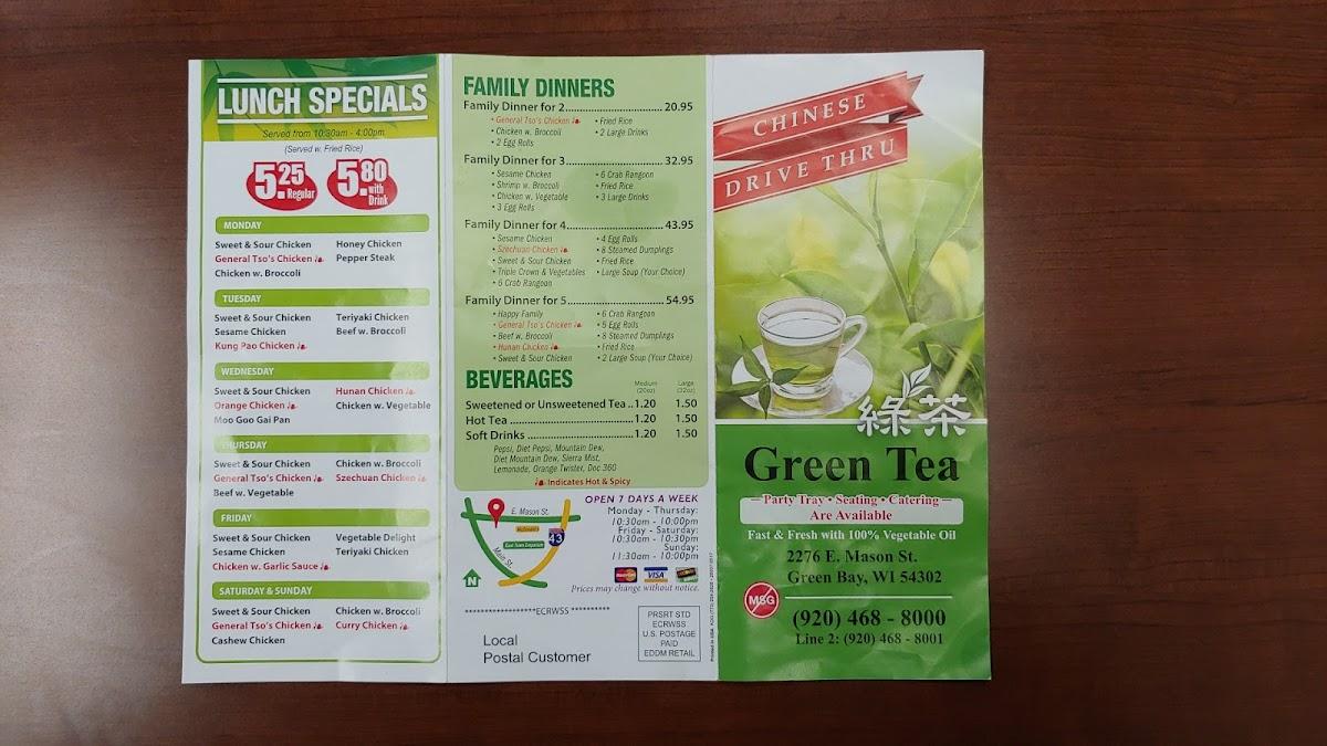 Menu at Green Tea Chinese Drive Thru restaurant, Green Bay, E Mason St