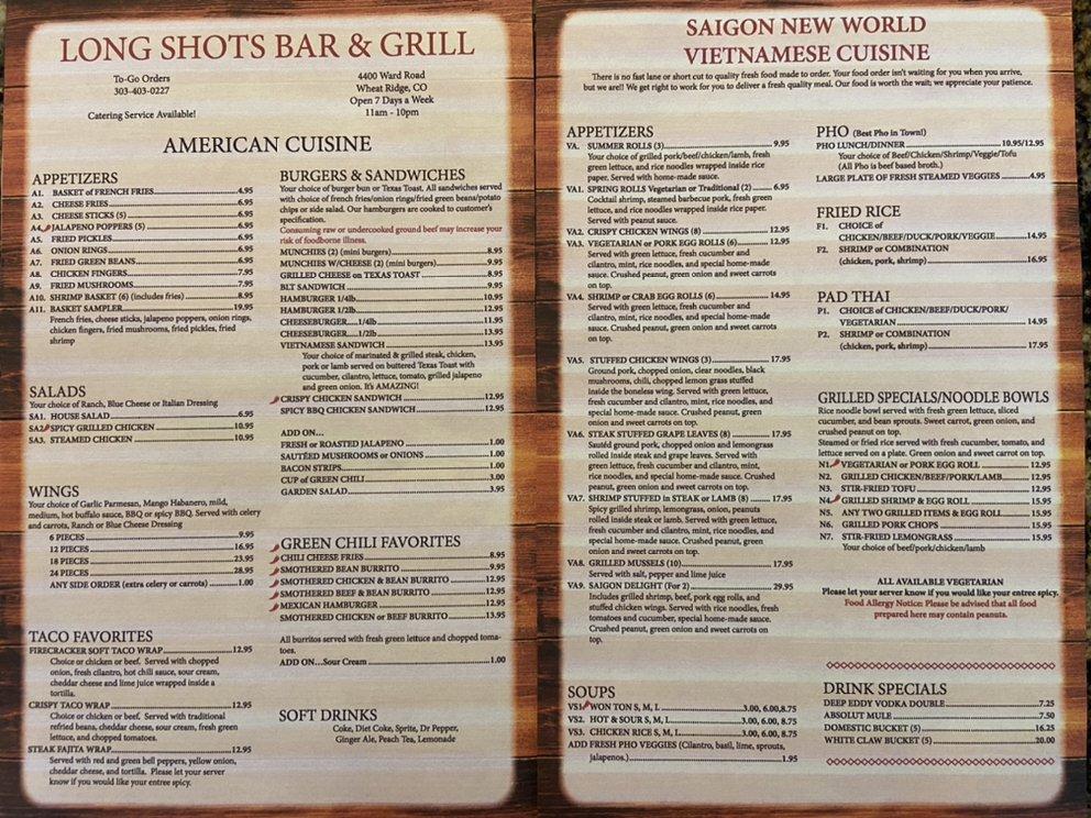 Menu at Long Shots Bar & Grill, Wheat Ridge