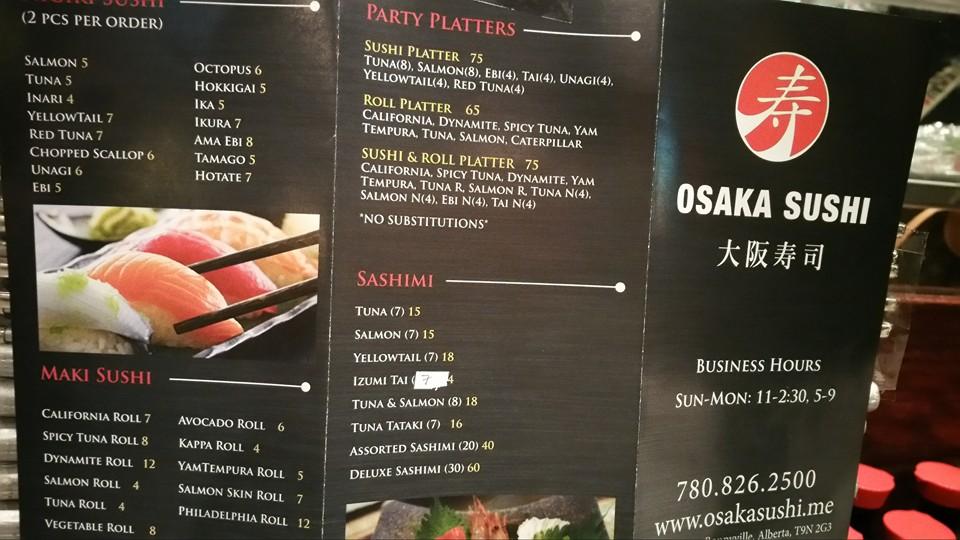 Menu at Osaka Sushi restaurant, Bonnyville