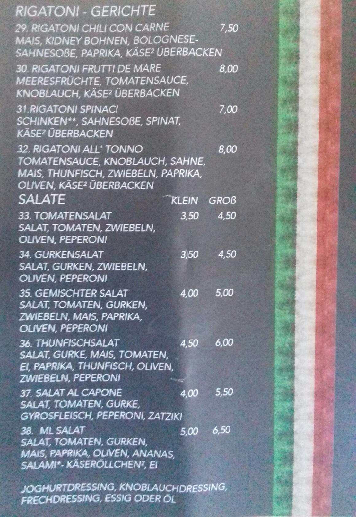 Menu at Pizzeria Al Capone, Mansfeld