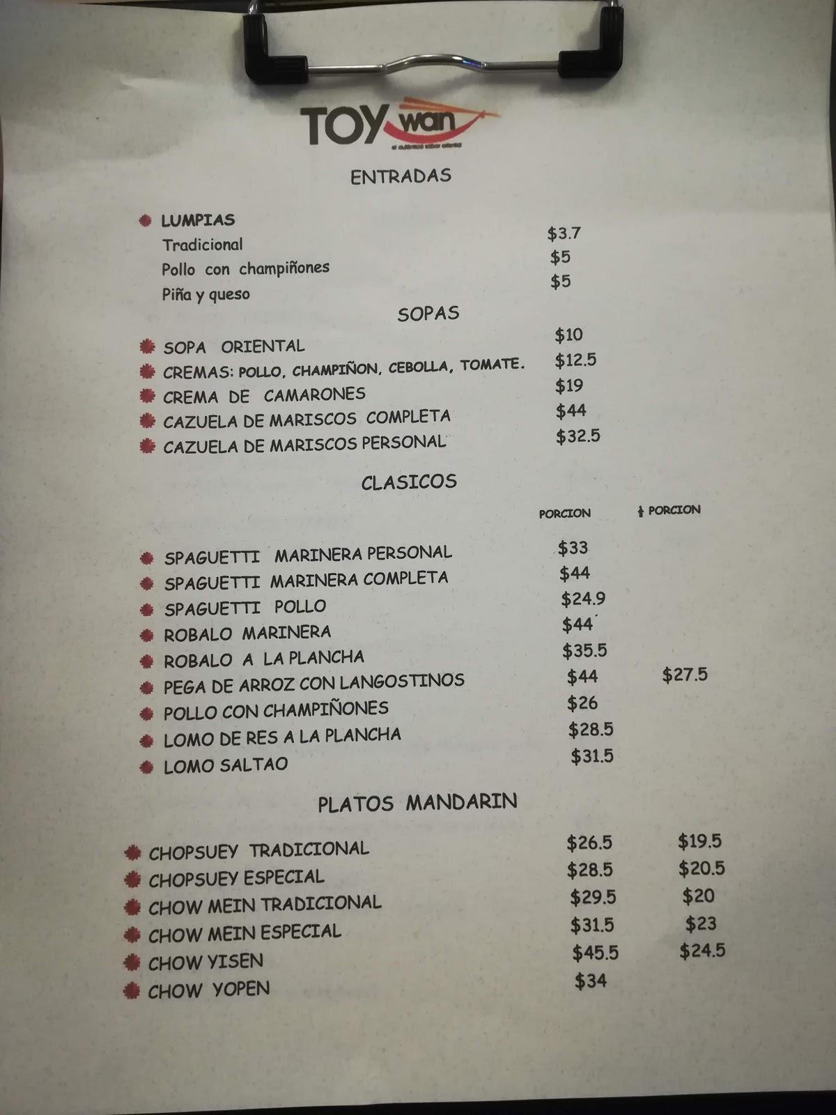 Menu at Restaurante Toy Wan, Villavicencio