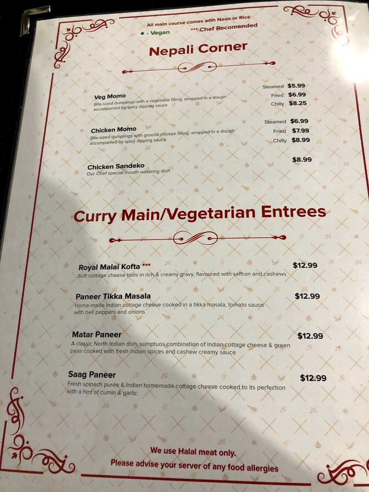 Menu at Spice Club, Toronto