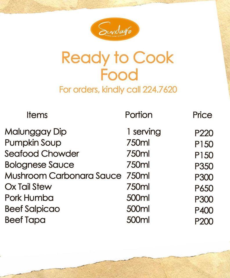 Menu at Sundays Modern Home Cooking restaurant, Davao City