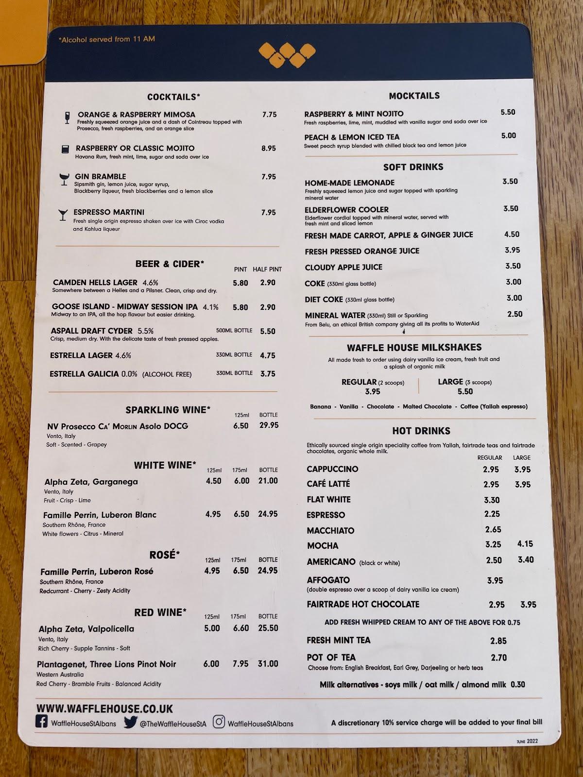 Menu at The Waffle House restaurant, St Albans